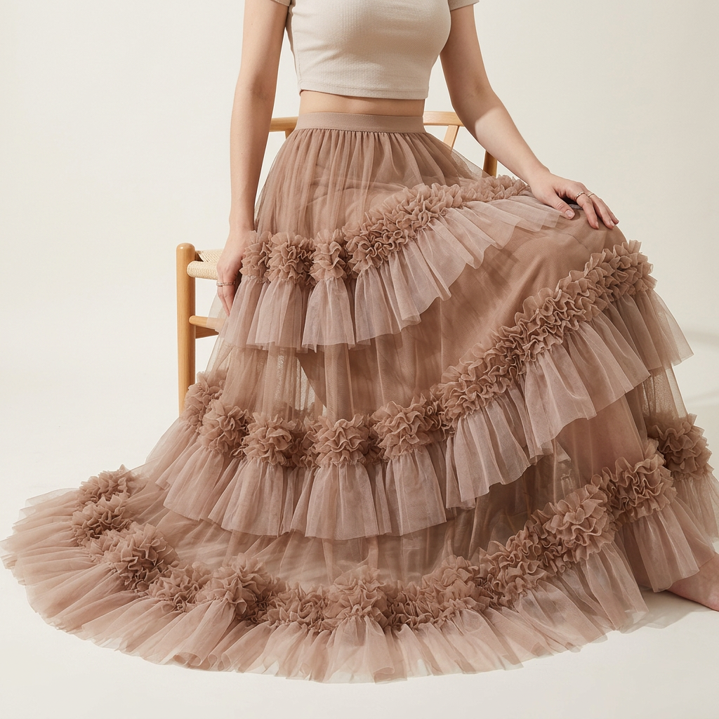 Ruffled Mesh Gauze Skirt With Satin Lining- 1391_KHA – MERZI : Premium ...